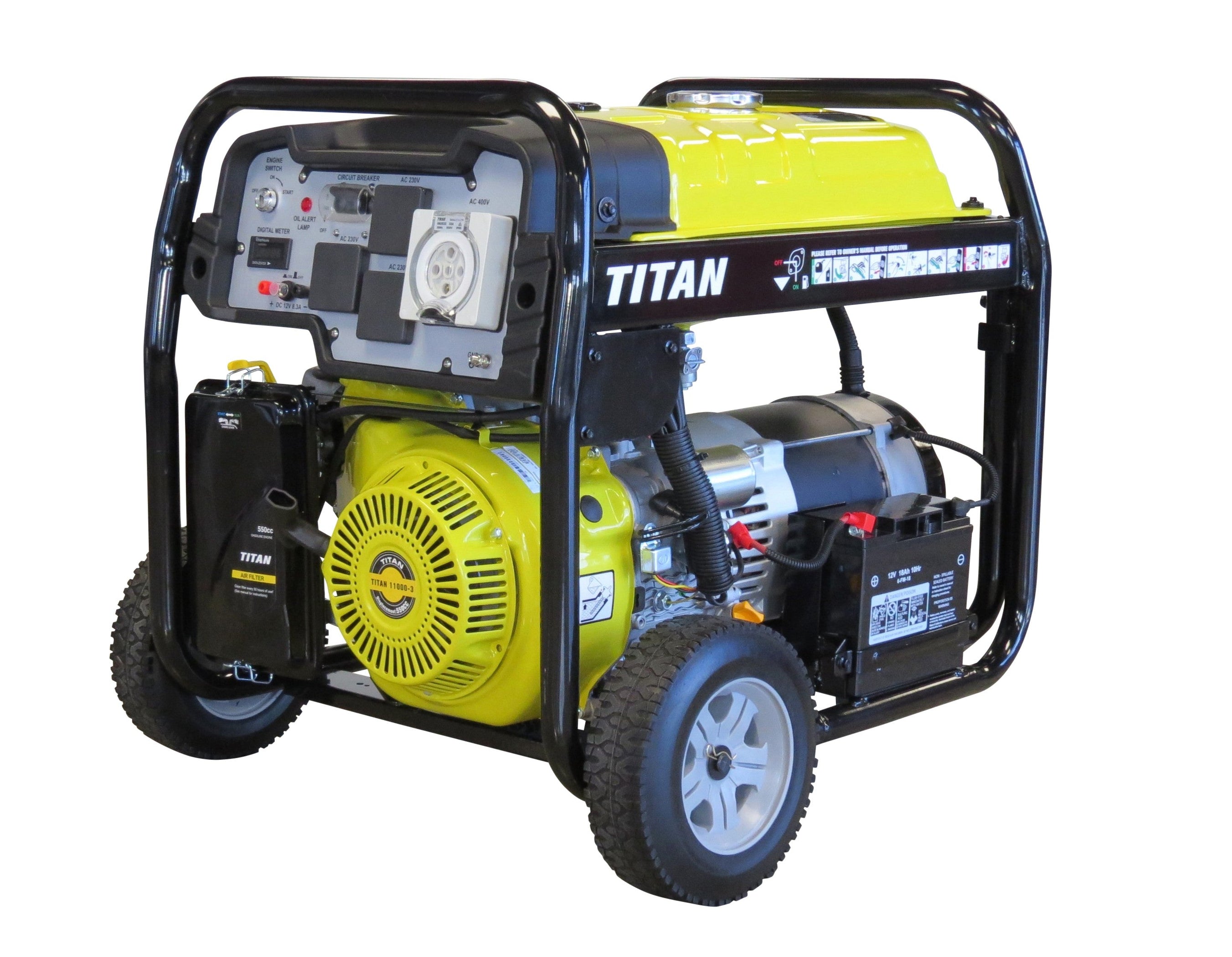Titan 11000E-3 10kW Petrol Generator Electric Start and Wheel Kit 400v